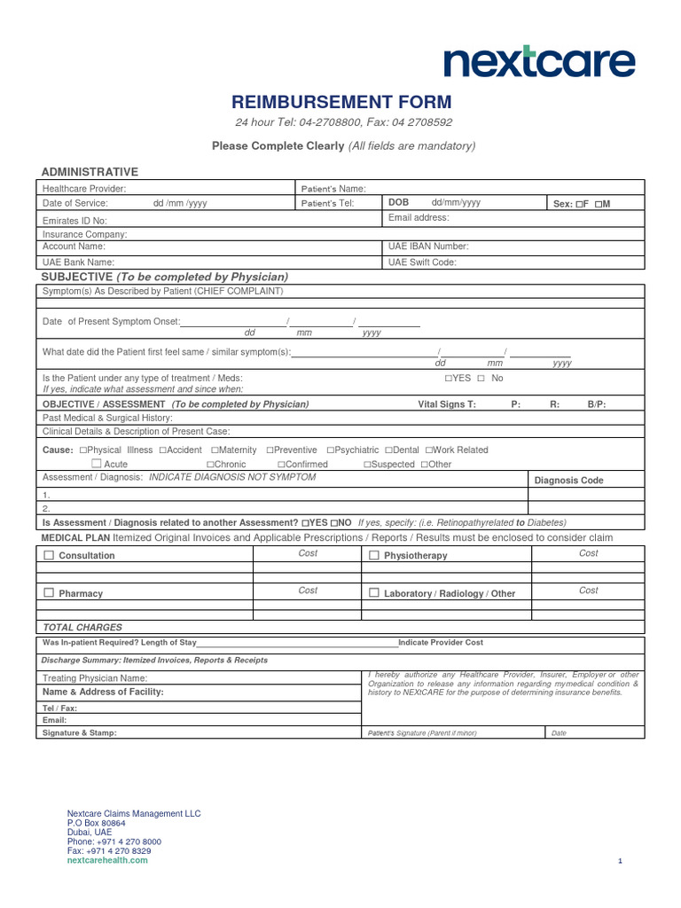 Nextcare Reimbursement Form | PDF | Patient | Medical Diagnosis