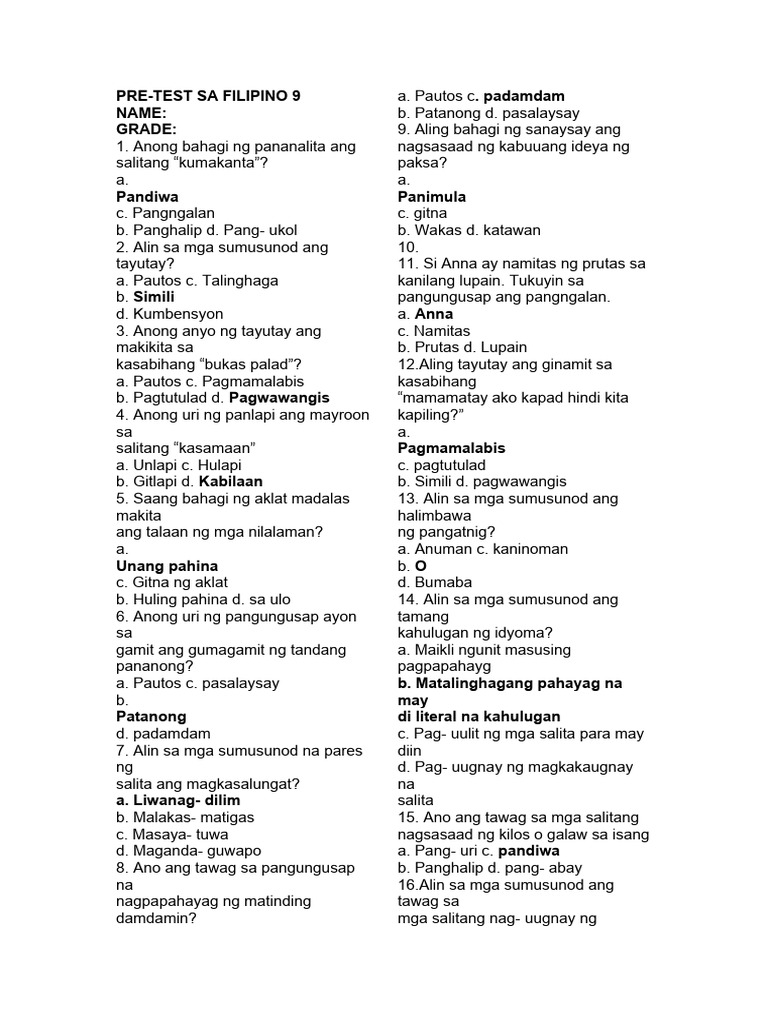 FLIPINO 9-Pres-Test | PDF