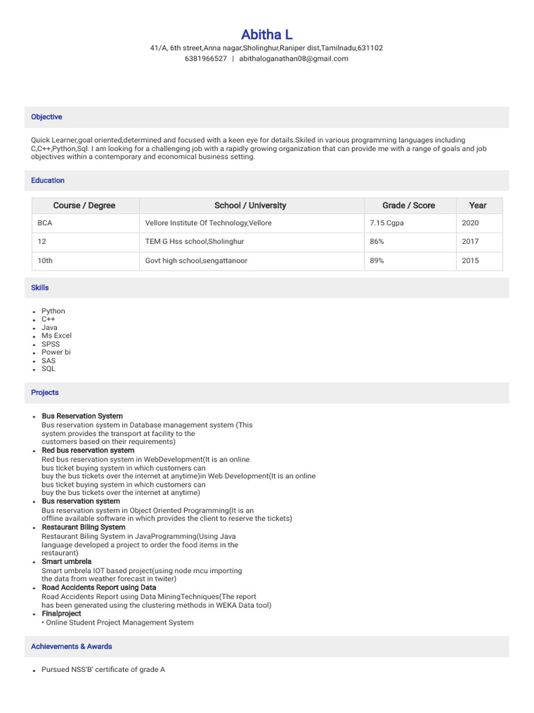 Abitha L Resume | PDF | Databases | Web Development