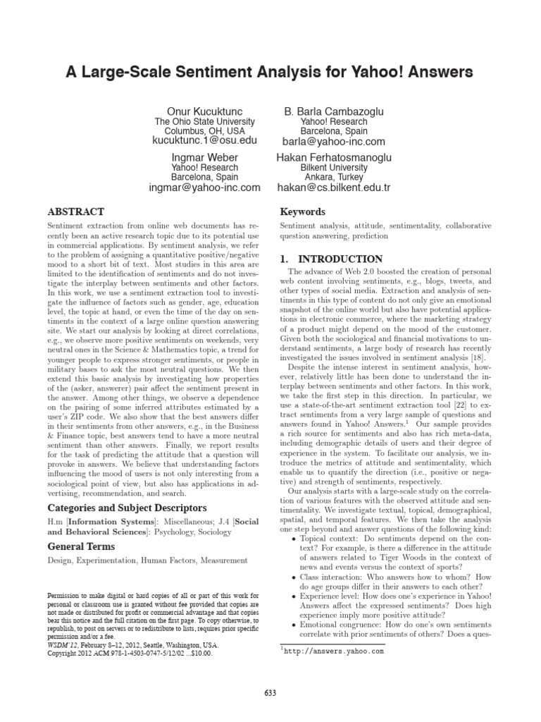 A Large Scale Sentiment Analysis For Yahoo Answers1 | PDF | Attitude (Psychology) | Sampling ...