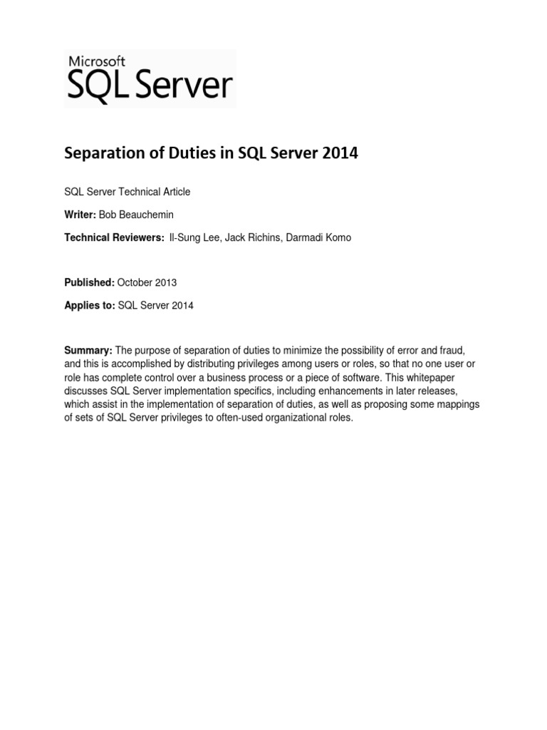 SQL Server 2014 Separation of Duties TDM White Paper | PDF | Databases ...