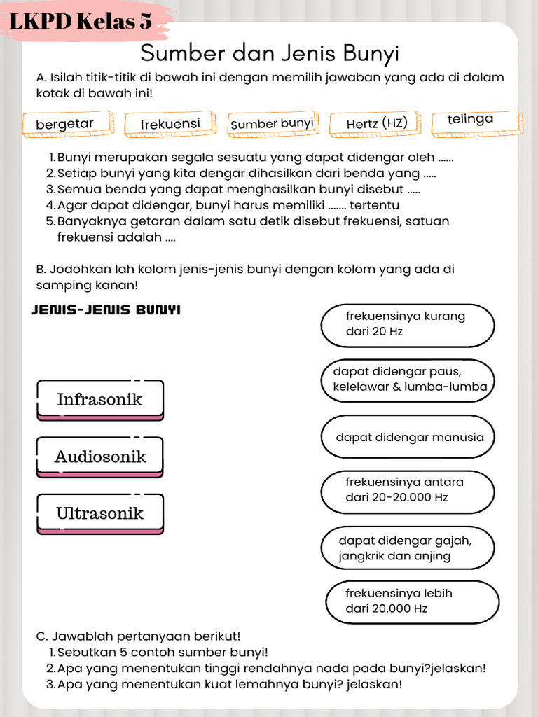 LKPD Sumber, Jenis Dan Sifat Bunyi Kelas 5-1 | PDF | Kajian Bahasa Asing | Seni