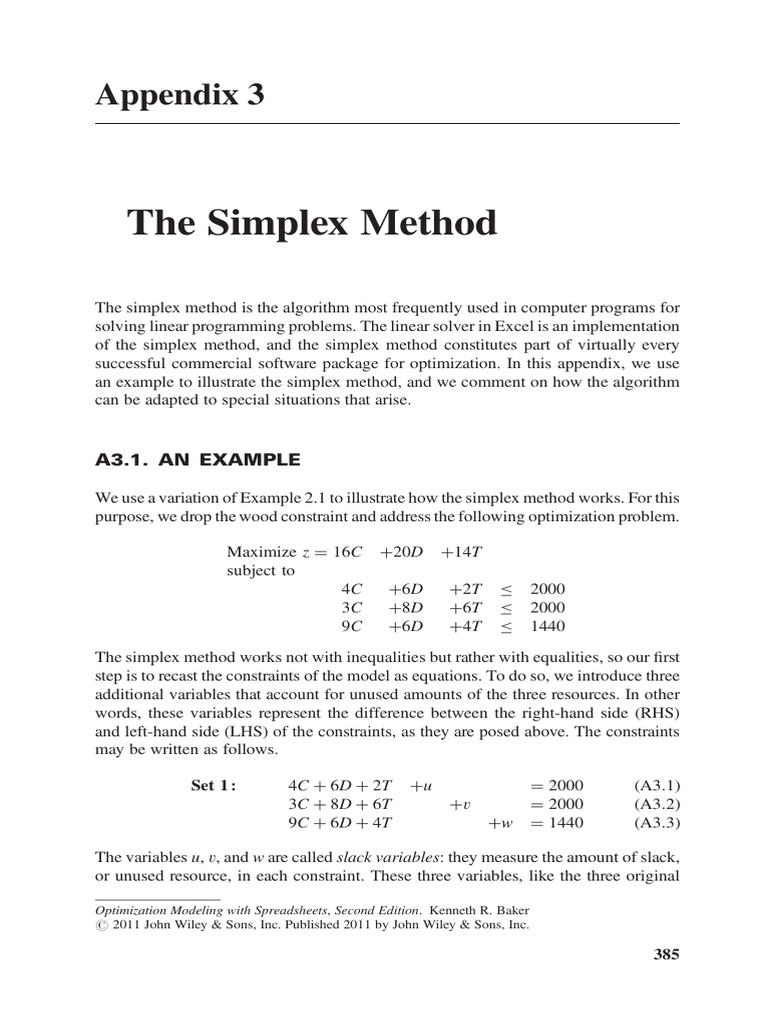 Optimization Modeling With Spreadsheets - 2011 - Baker - Appendix 3 The Simplex Method | PDF ...