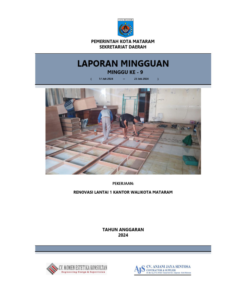Laporan Progres Minggu Ke-9 Renovasi Lantai 1 Kantor Walikota | PDF