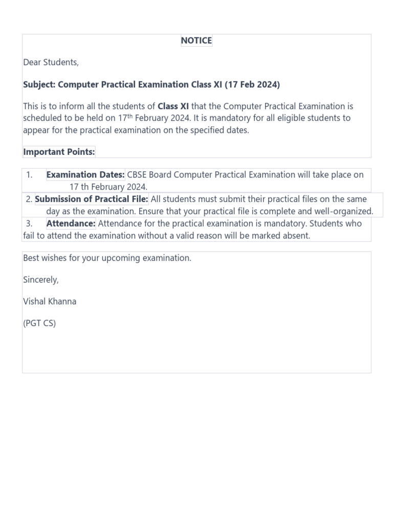 Class XI Computer Practical Exam Notice | PDF | Career & Growth ...