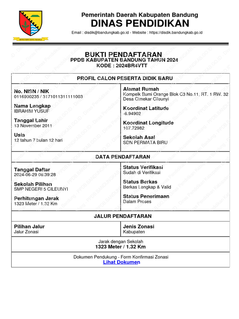 Bukti Pendaftaran PPDB Tahun 2024 An. IBRAHIM YUSUF (0116900235) | PDF