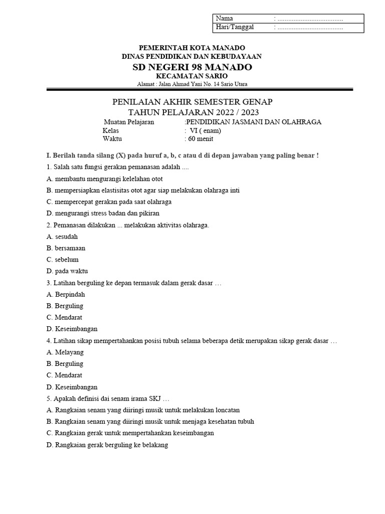 Soal Pas Pjok Kelas 6 Semester 2.revisi | PDF