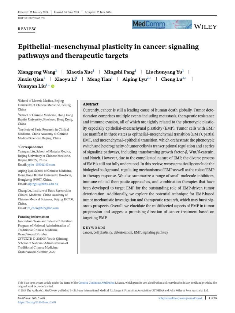 MedComm - 2024 - Wang - Epithelial Mesenchymal Plasticity in Cancer ...