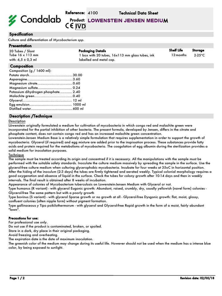 Condalab Lowenstein Jensen 4100 - en - 1 | PDF | Mycobacterium