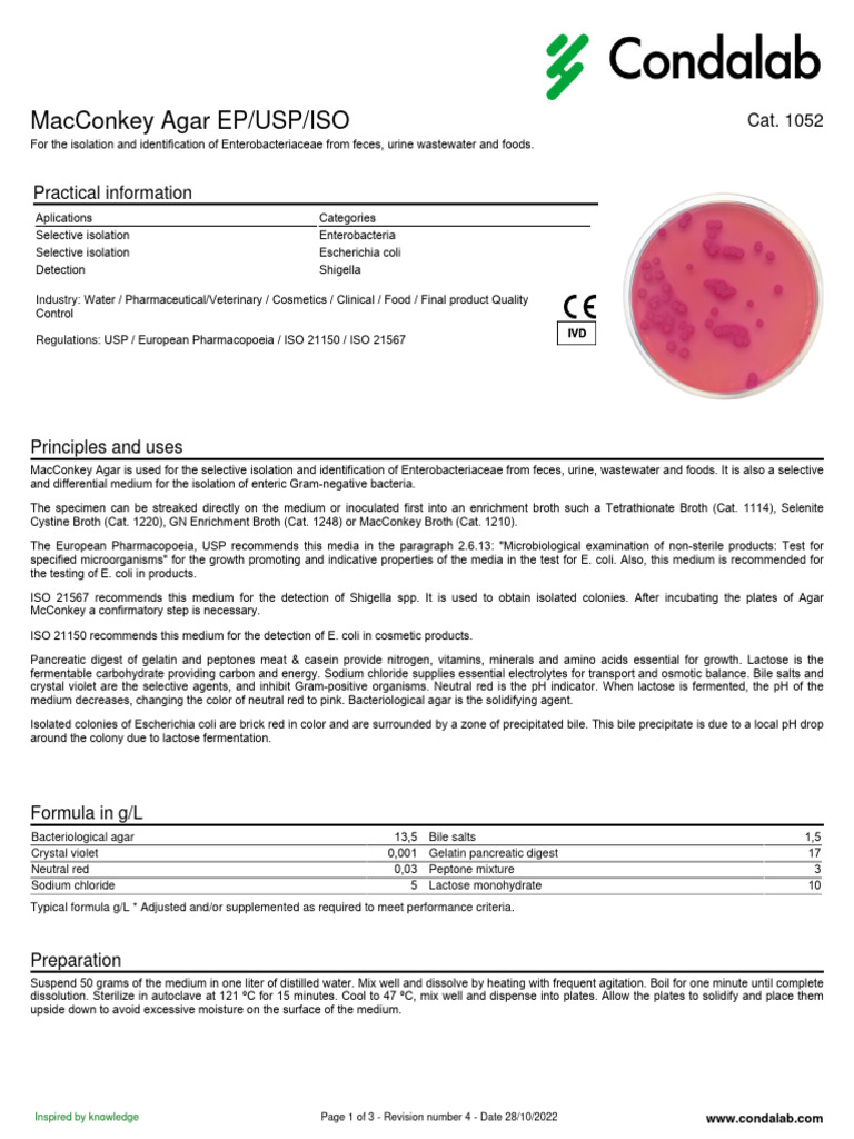 Condalab Macconkey 1052 - en - 4 | PDF | Growth Medium | Microbiology