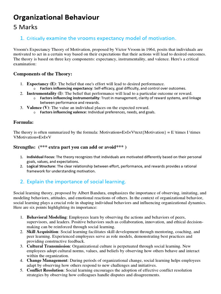 Organizational Behaviour 5 Marks | PDF | Classical Conditioning | Attitude (Psychology)