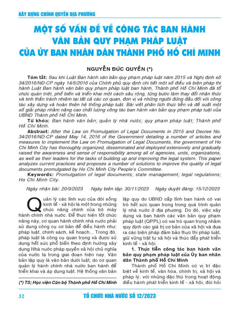 Một Số Vấn Đề Về Công Tác Ban Hành VB QPPL Của UBND TP HCM | PDF