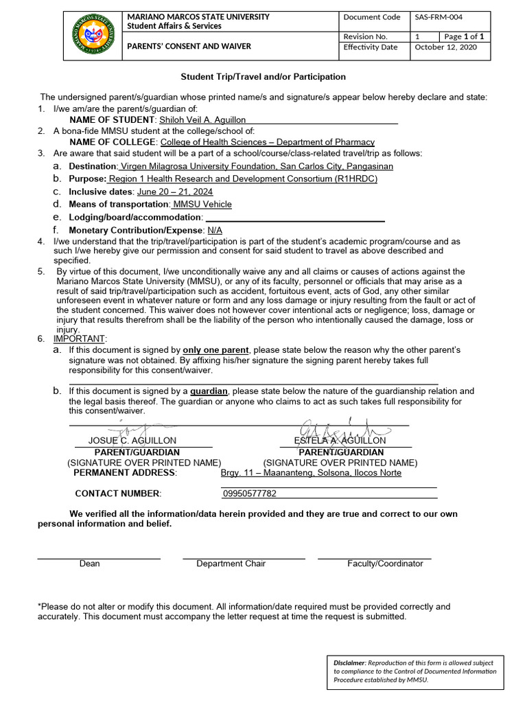 SAS FRM 4 Parents Consent Waiver | PDF | Common Law | Justice