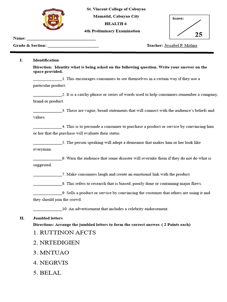 4th Prelim Exam in Health 6 | PDF | Business Economics | Promotion And Marketing Communications
