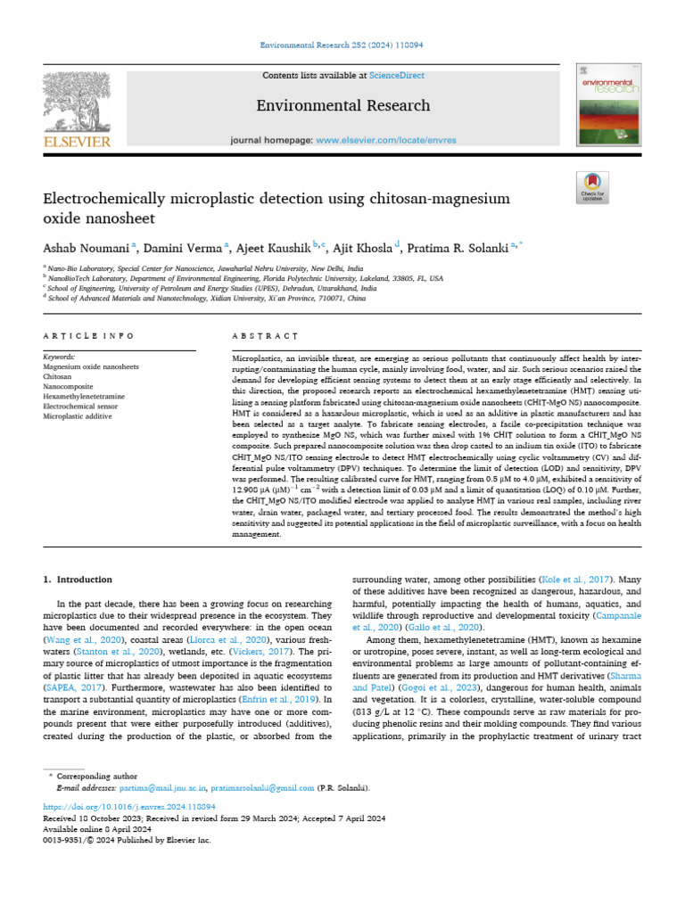 Electrochemically Microplastic Detection Using Chitosan Magnesium Oxide