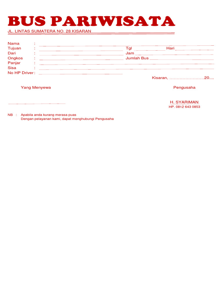 Contoh Tiket Bus Pariwisata Kosong | PDF