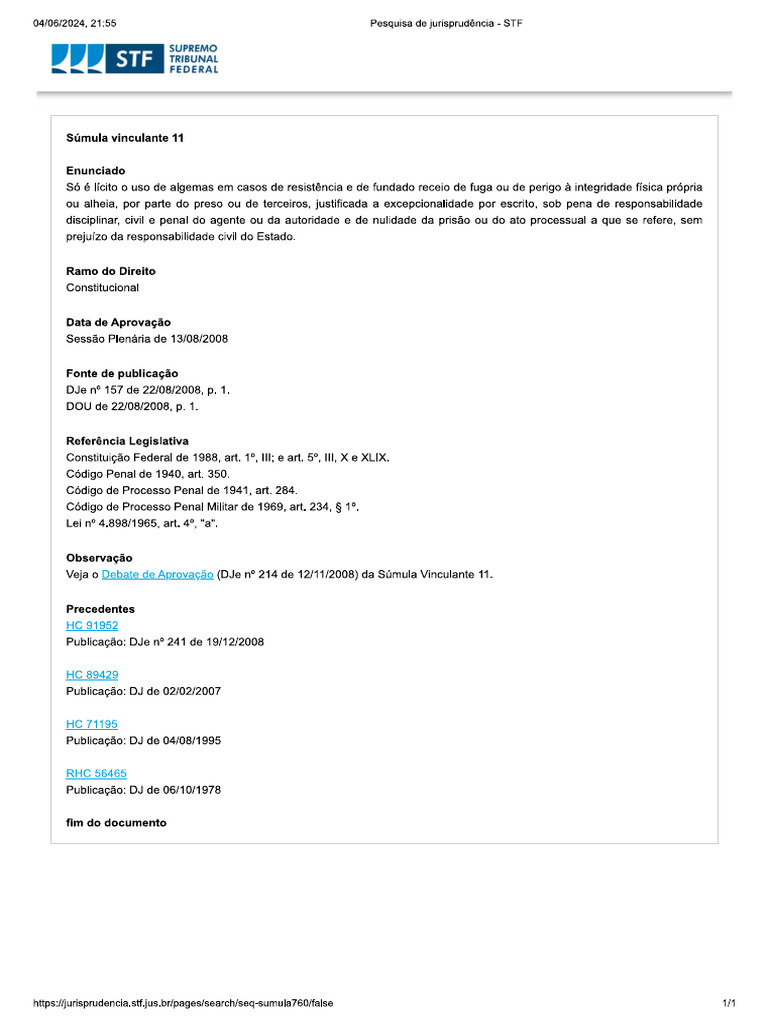 Súmula Vinculante #11 Do STF | PDF