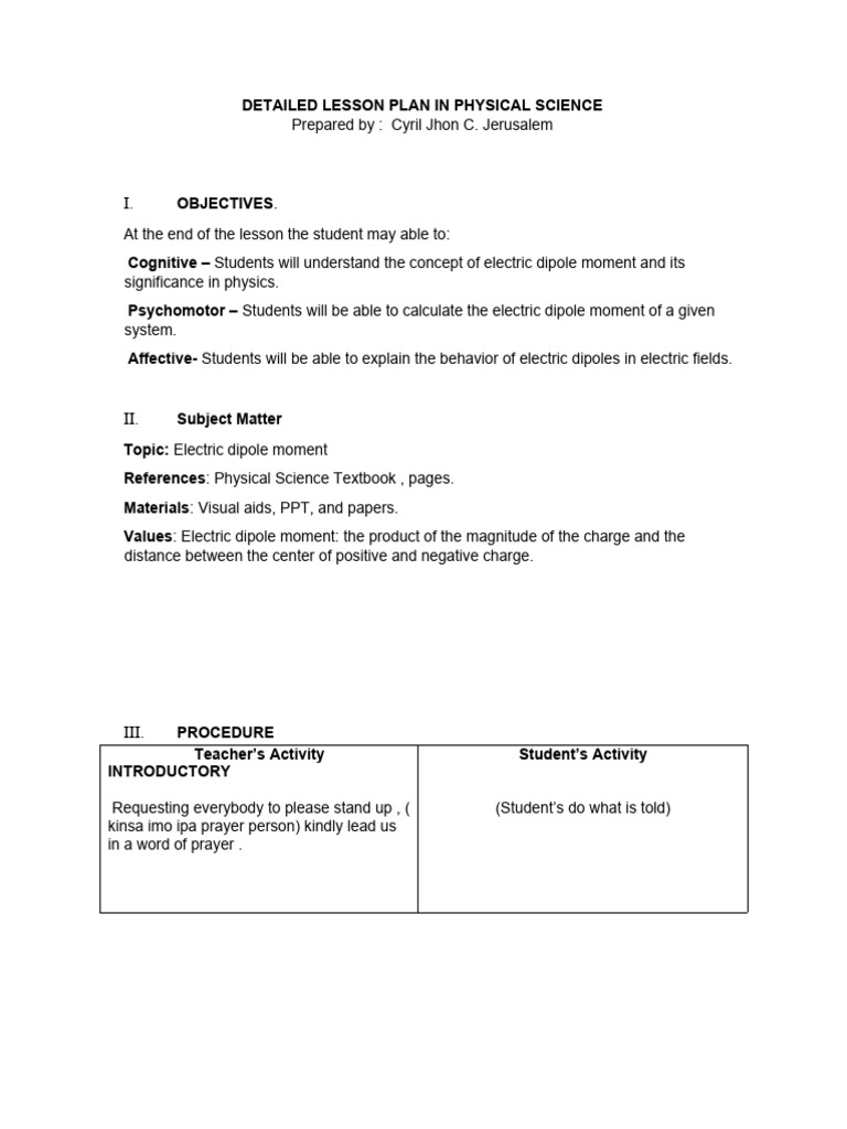 Electric Dipole Moment Lesson Plan | PDF | Dipole | Chemical Polarity