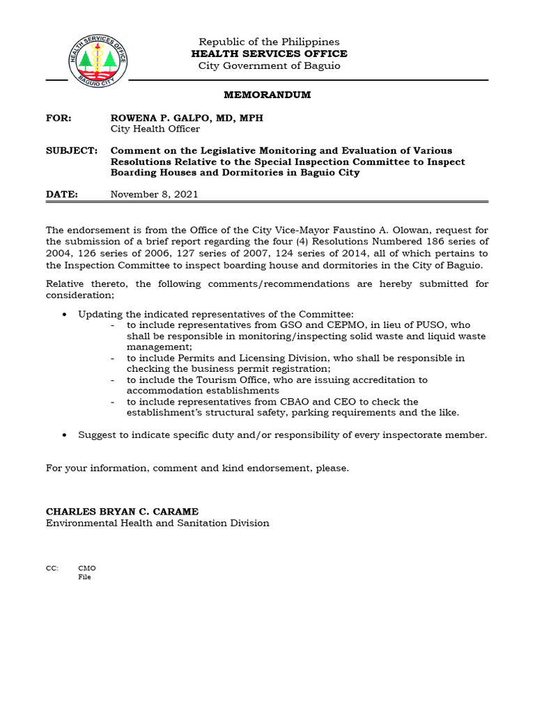 MEMO-Legislative Monitoring of Inspection Comm For Boarding Houses | PDF