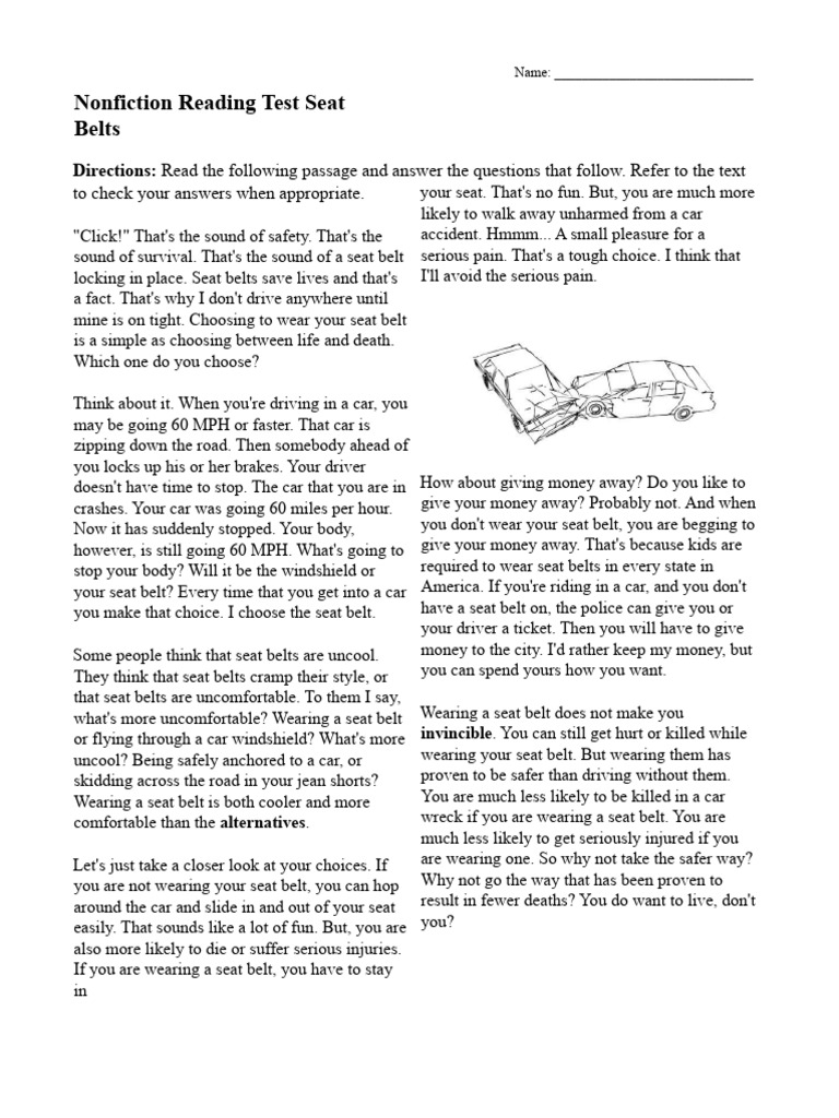 Nonfiction Reading Test Seat Belts | PDF | Seat Belt | Traffic Collision