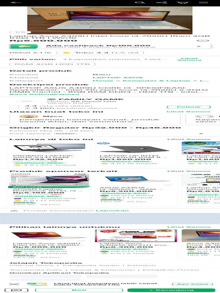 Jual Laptop Asus A409U Intel Core I3-7020u Ram 4GB HDD 1TB Win10 - Family Game Tokopedia | PDF