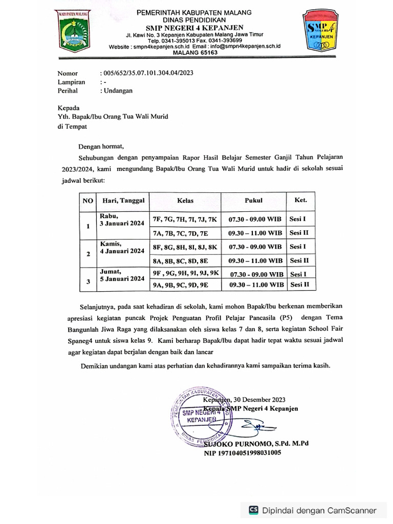 Undangan Penerimaan Rapor | PDF