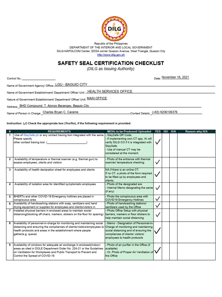Safety Seal Certification Checklist | PDF | Hand Washing | Disinfectant