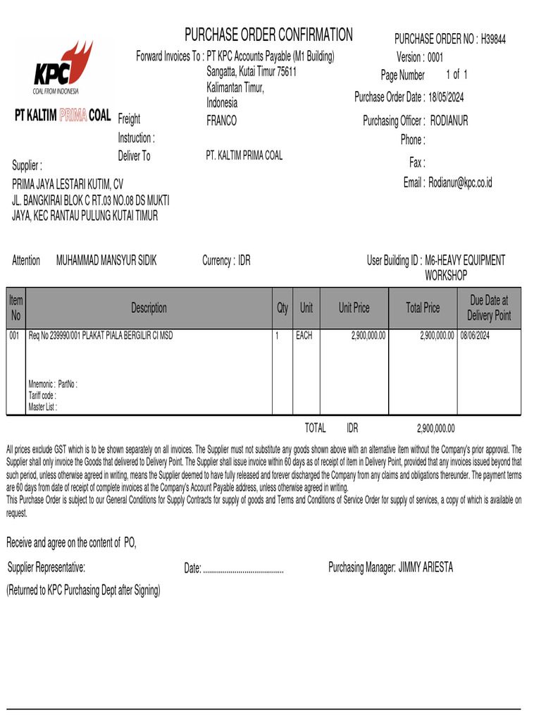 Purchase Order - H39844 Supplier 004484-20240518-01 - 05 - 44 | PDF ...