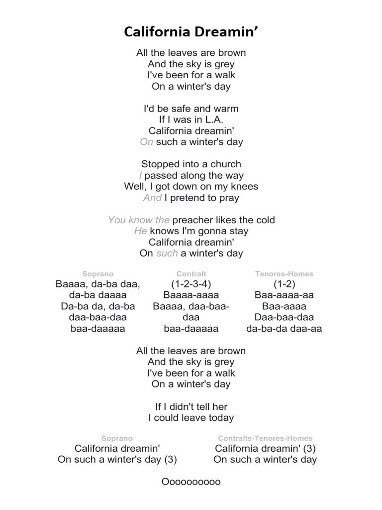 California Dreamin' - Lyrics | PDF
