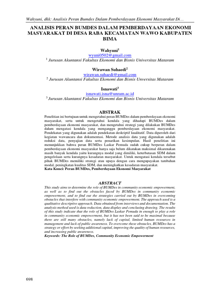 Analisis Peran Bumdes Dalam Pemberdayaan Ekonomi Masyarakat Di Desa Raba Kecamatan Wawo ...