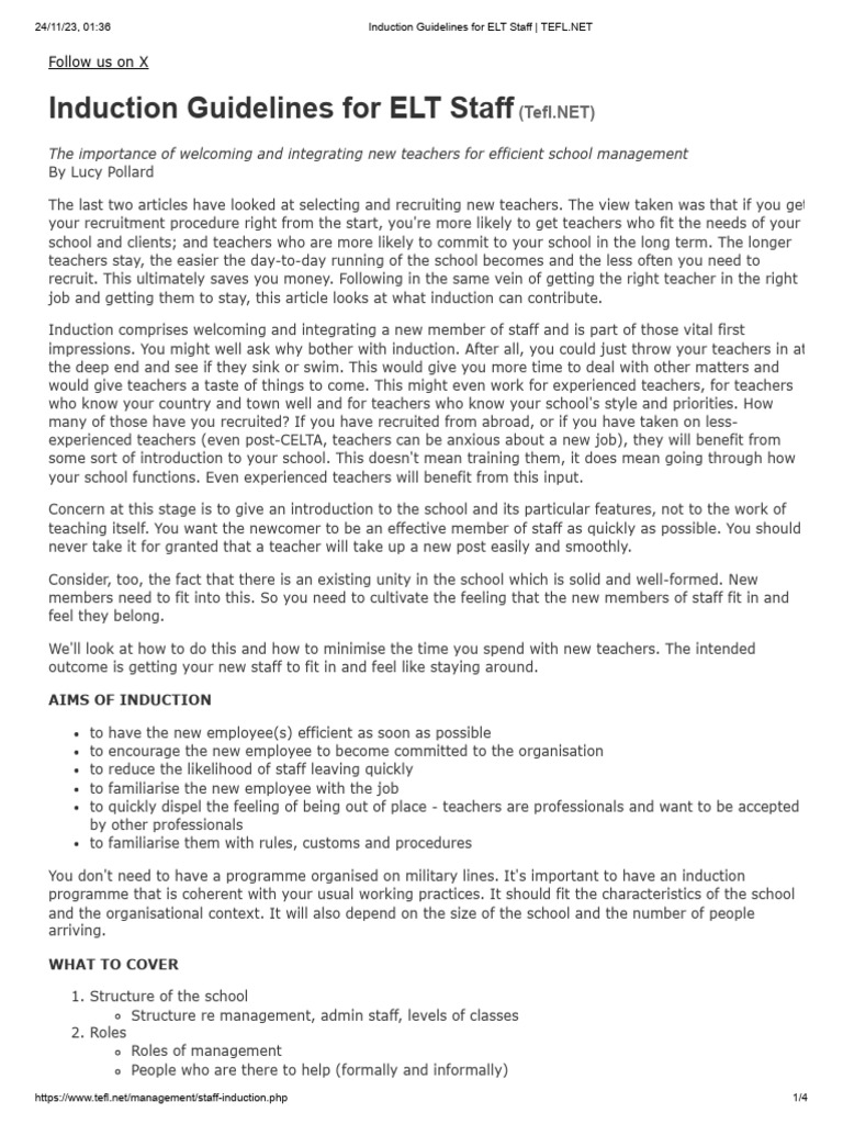 Induction Guidelines For ELT Staff | PDF | Teachers | Mentorship