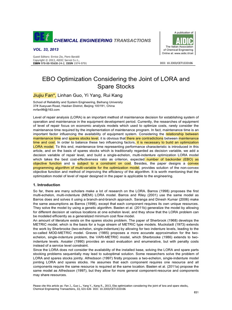 1 EBO Optimization Considering The Joint of LORA and Spare Stocks, 2013 ...