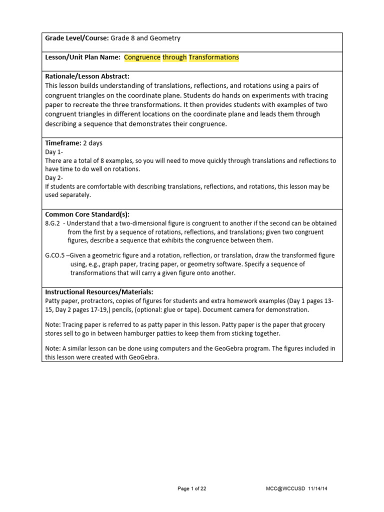 Transformations and Congruence in Geometry | PDF | Classical Geometry ...
