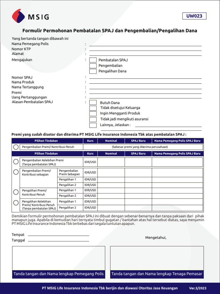 Formulir Pembatalan SPAJ Asuransi | PDF | Pengelolaan Keuangan & Uang