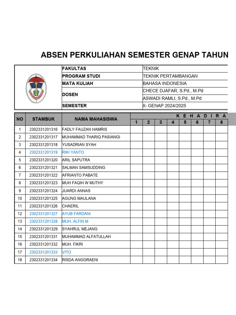 Absen Perkuliahan Semester Genap Tahun Akademik 2024/2025 | PDF