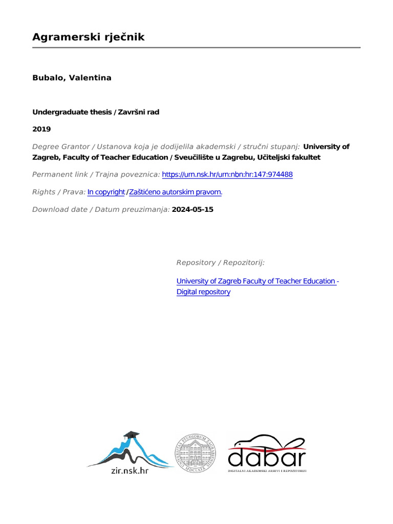 Valentina Bubalo-Zavrsni Rad-Agramerski Rjecnik | PDF