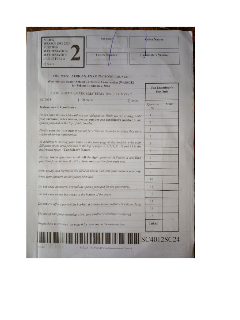 Further - Maths Wassce 2024 SC Final Marking Scheme Compiled by Exam ...