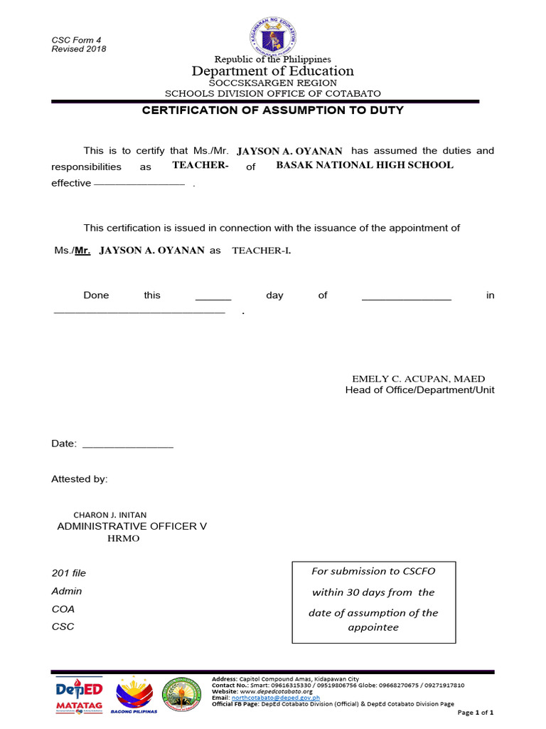 CERT OF ASSUMPTION TO DUTY Jayson | PDF