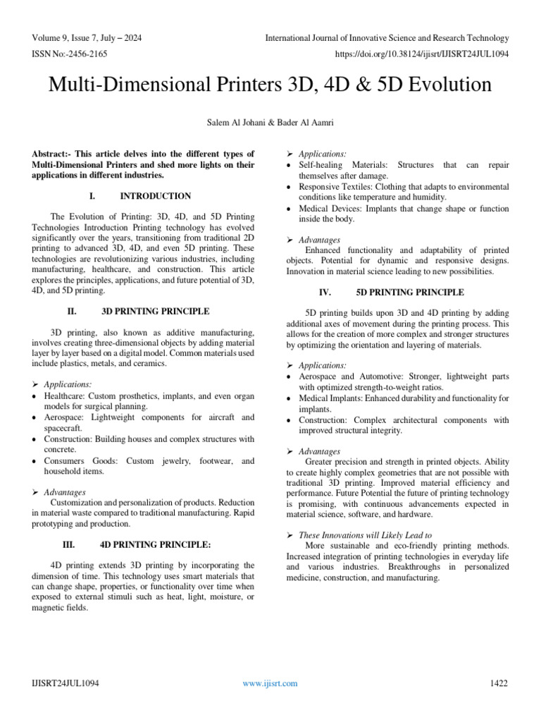 Multi-Dimensional Printers 3D, 4D & 5D Evolution | PDF | 3 D Printing ...
