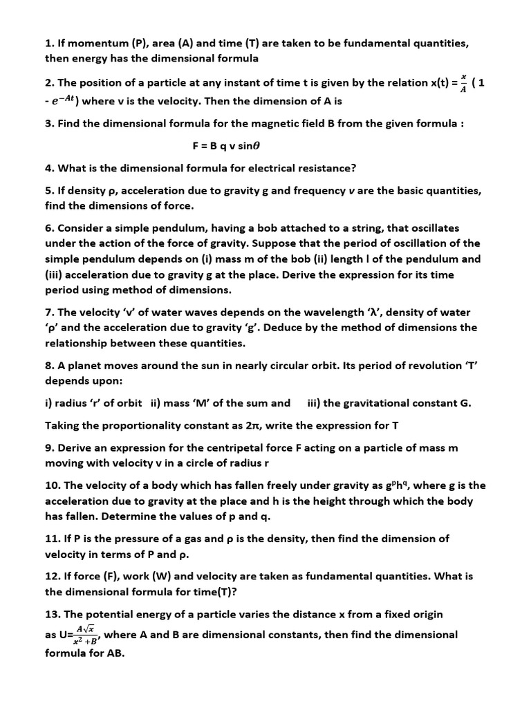 Dimensional Analysis Assignment Sheet | PDF | Acceleration | Force