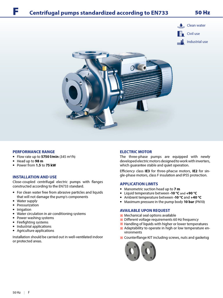 Centrifugal Pumps Standardized According To EN733 50 HZ: Performance Range Electric Motor | PDF ...