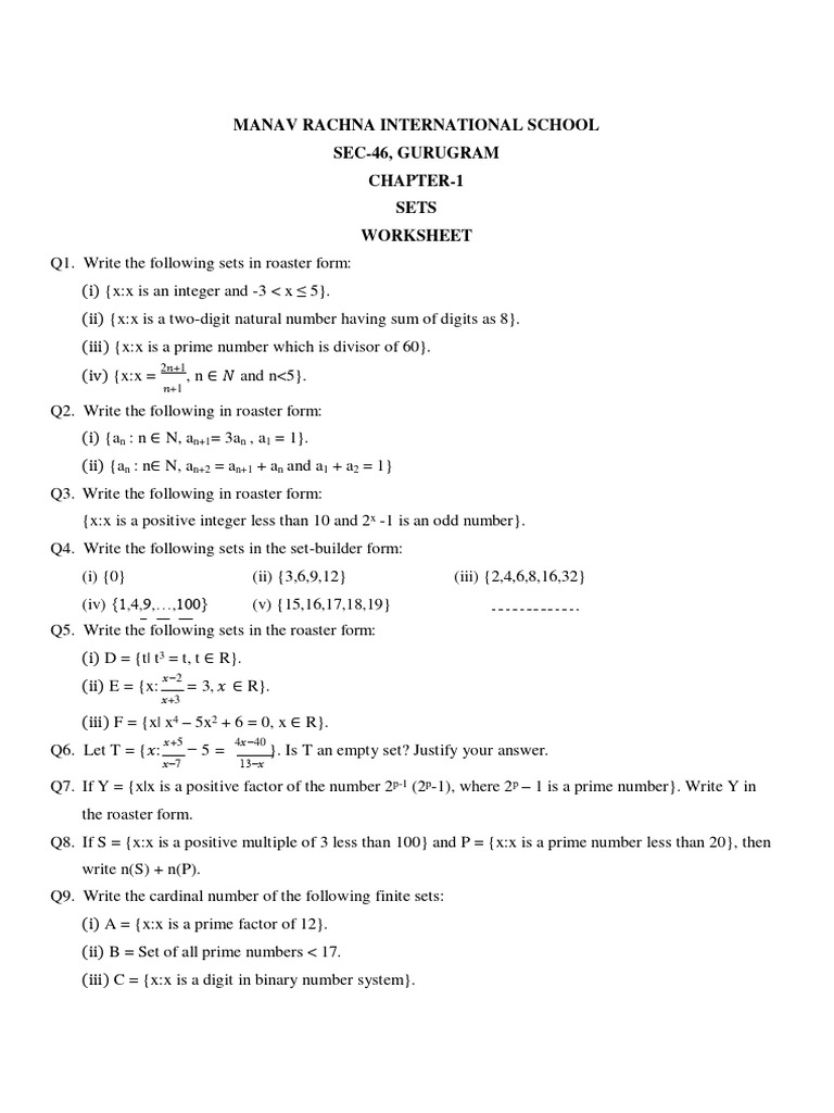 Grade 11 Sets Worksheet | PDF