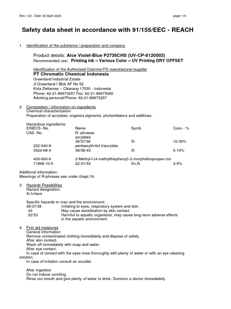 MSDS Aice Violet-Blue P2736CHS (UV-CP-8120003) | PDF | Firefighting ...