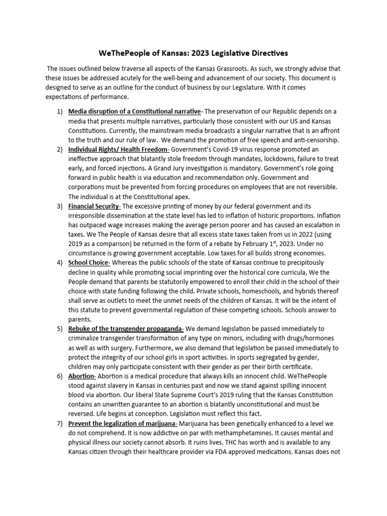 We The People of Kansas 2023 Legislative Directives | PDF | Cannabis ...