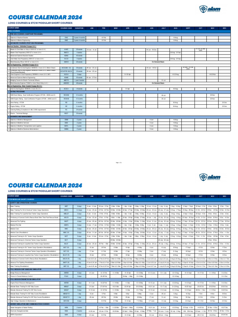 ALAM Course Calendar 2024 - Long Courses & STCW | PDF | Shipping ...