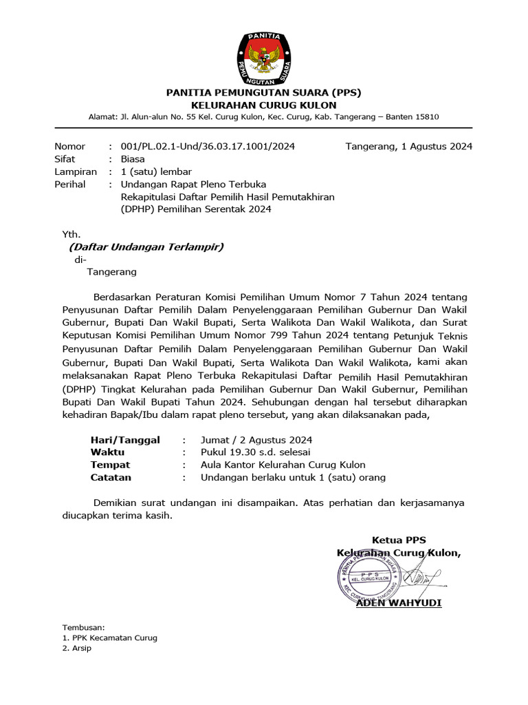 Undangan Rapat Pleno DPHP 2024 Curug Kulon | PDF