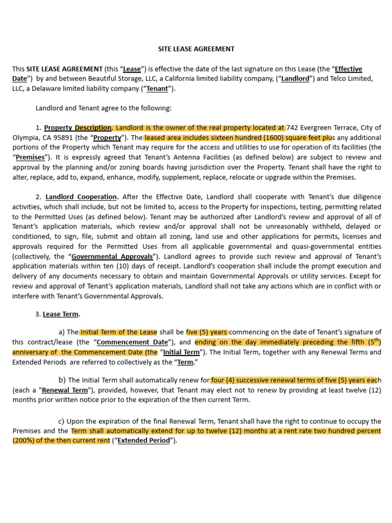 Telecom Site Lease Agreement Overview | PDF | Leasehold Estate | Lease