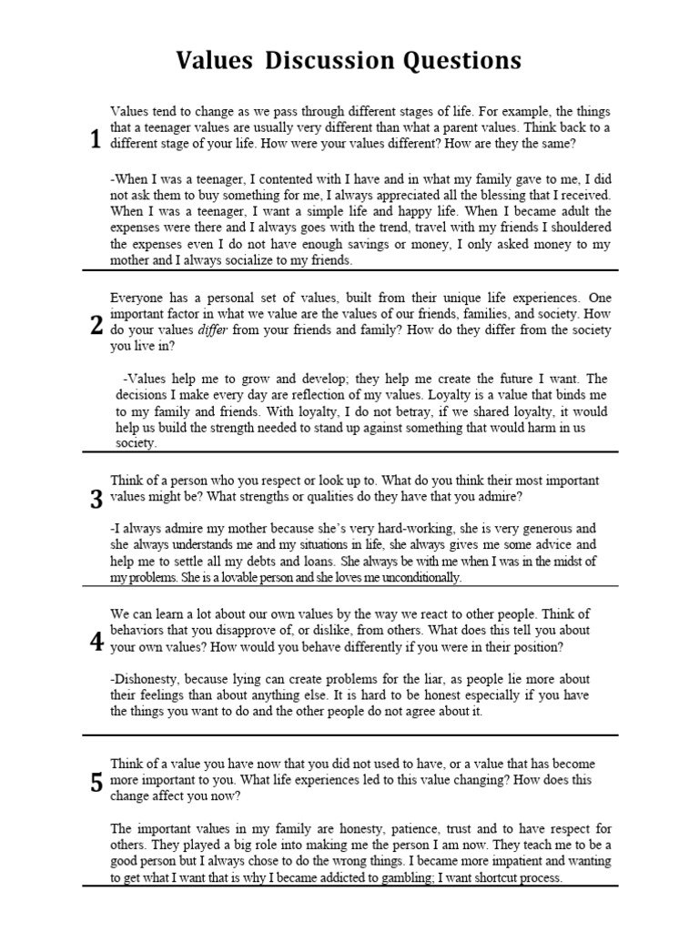 Values-Discussion-Questions | PDF | Adolescence | Psychological Concepts