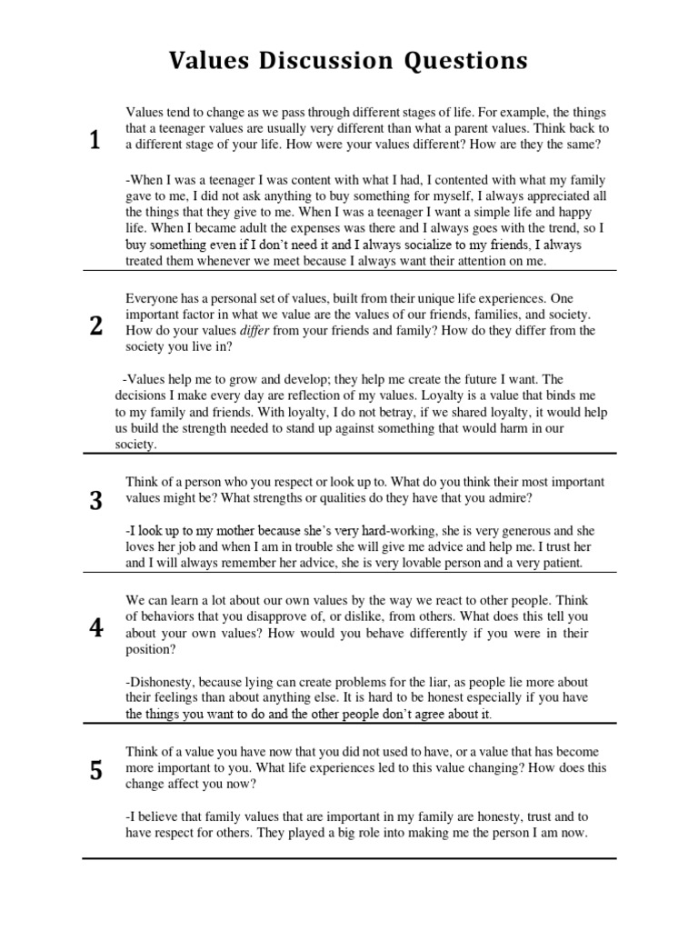 Values-Discussion-Questions | PDF | Adolescence | Feeling