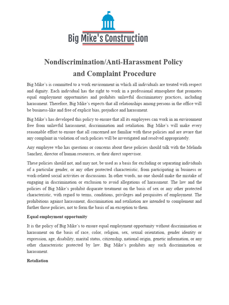 Big Mike's Non-Discrimination Policy | PDF | Sexual Harassment | Harassment